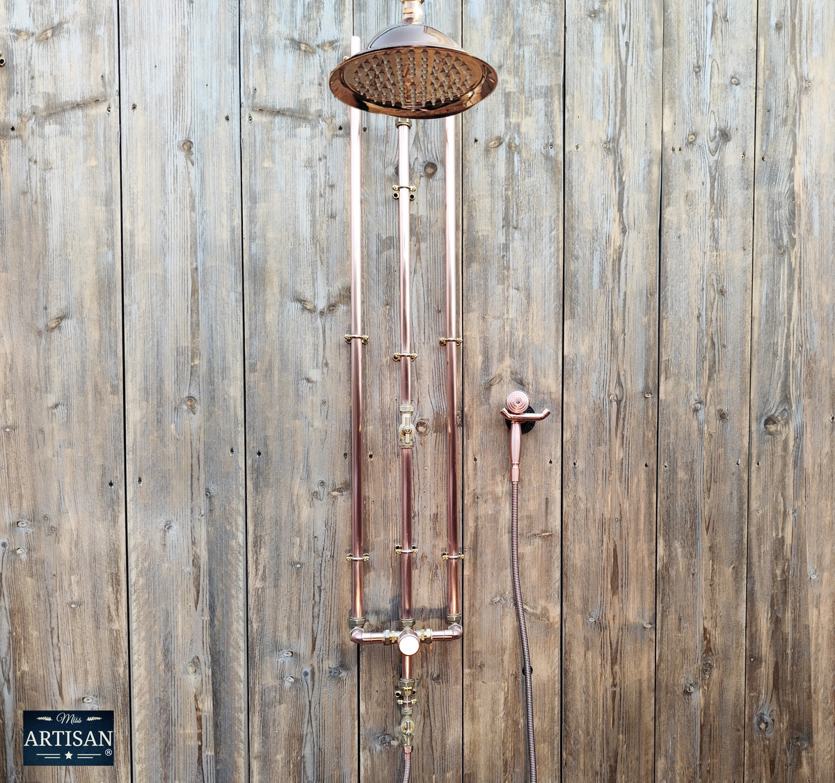 Thermostatic Copper Shower With Ceiling Pipes And Hand Sprayer – Miss ...