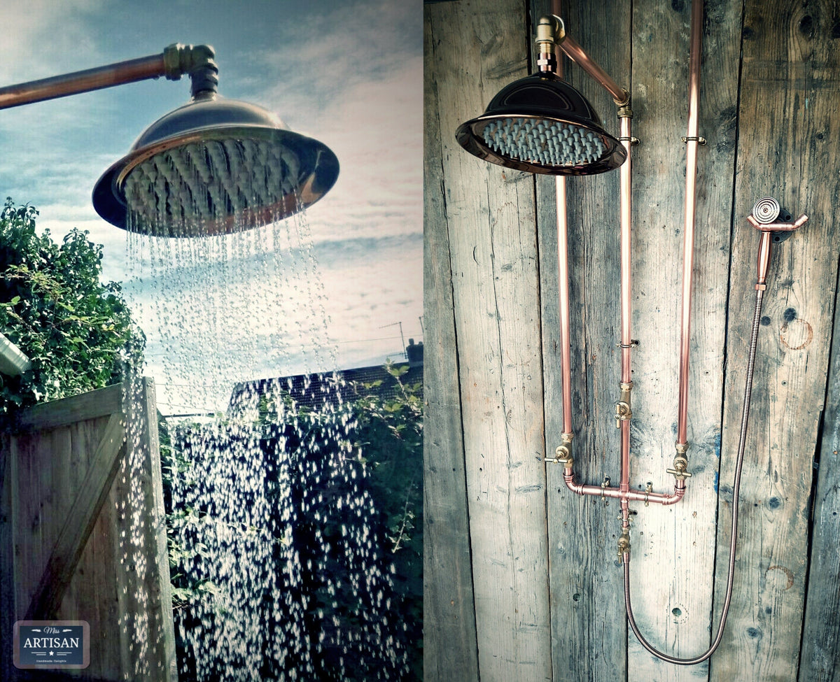 Outdoor Exposed Copper Rain Showers With Ceiling Pipes And Hand Sprayer ...